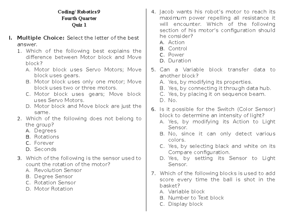 Robotics 9 Quiz 1 for print - Coding/ Robotics 9 Fourth Quarter Quiz 1 ...