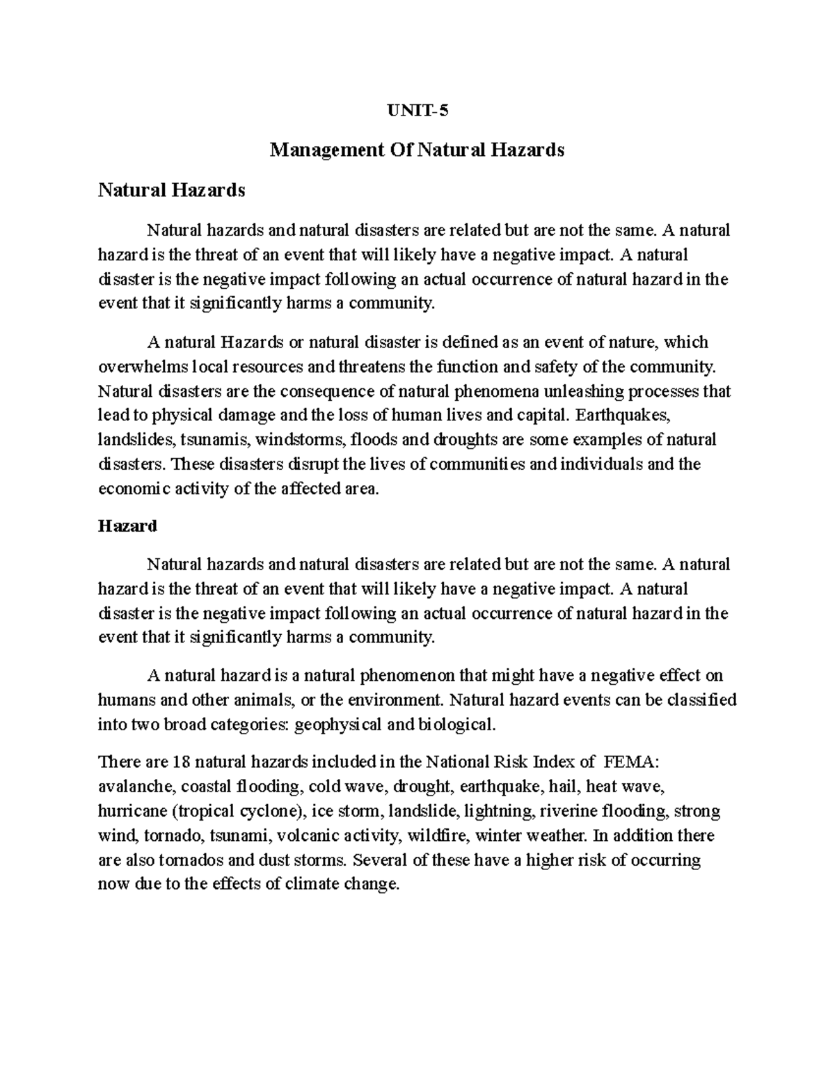 EM UNIT 5 - UNIT- Management Of Natural Hazards Natural Hazards Natural ...