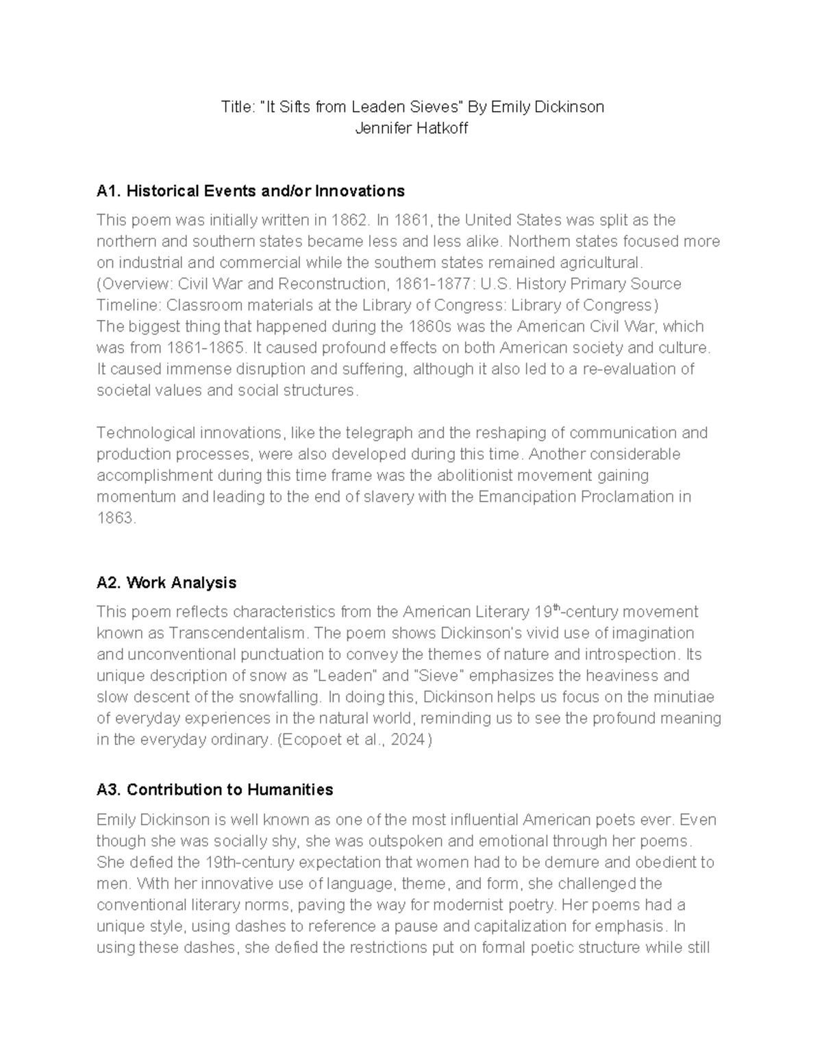 C100 Assignment: Analysis of Emily Dickinson's Poem "It Sifts from ...