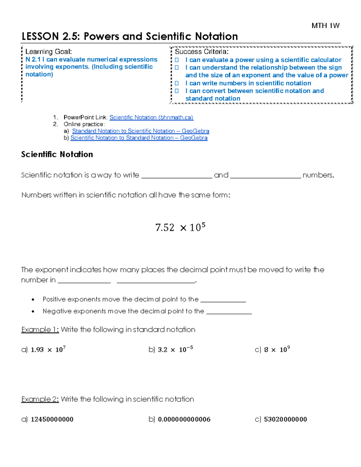 MTH 1W Lesson 2.5: Understanding Powers & Scientific Notation - Studocu