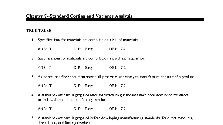 Chapter 07 - Standard Costing and Variance Analysis - Studocu