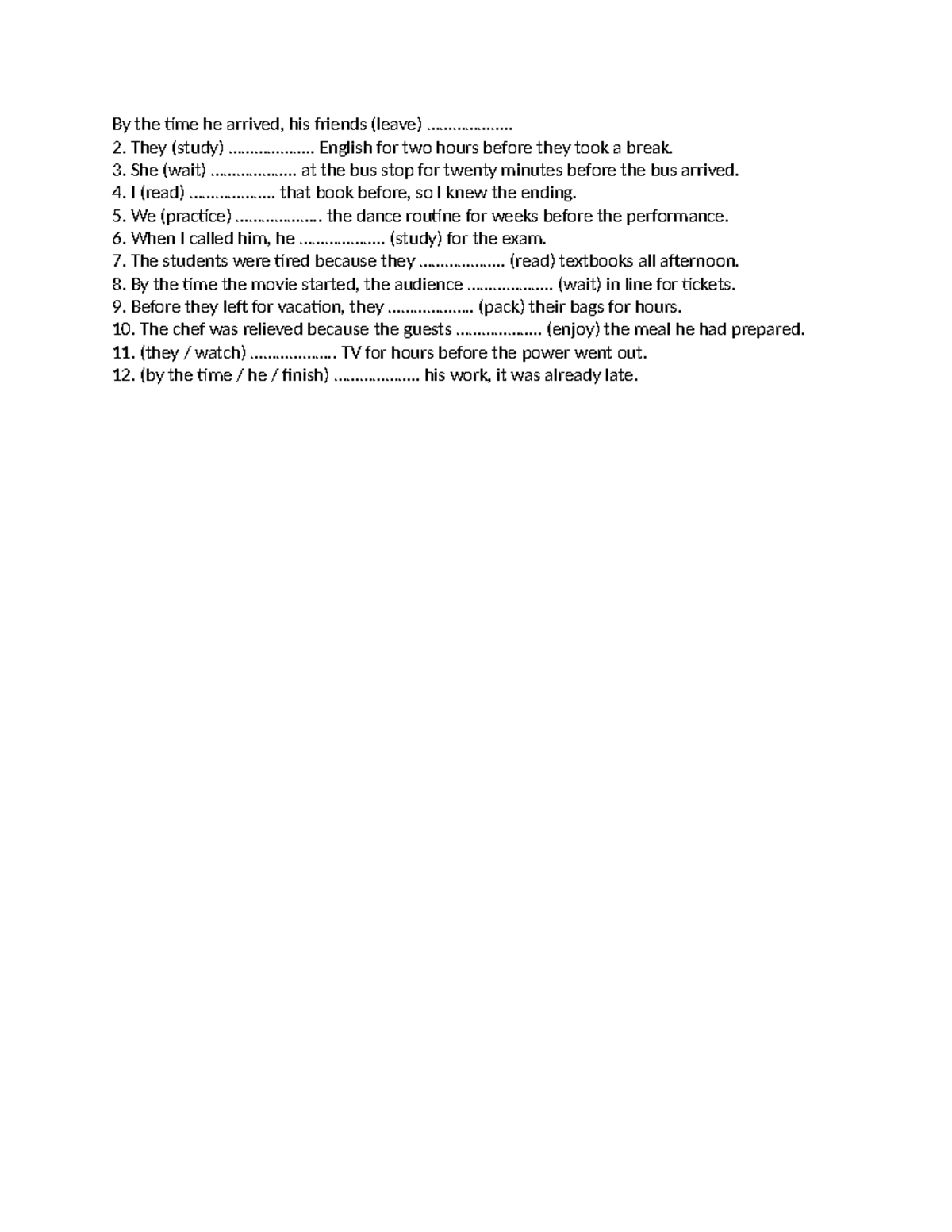English Grammar Practice: Past Perfect Tense Exercises - Studocu