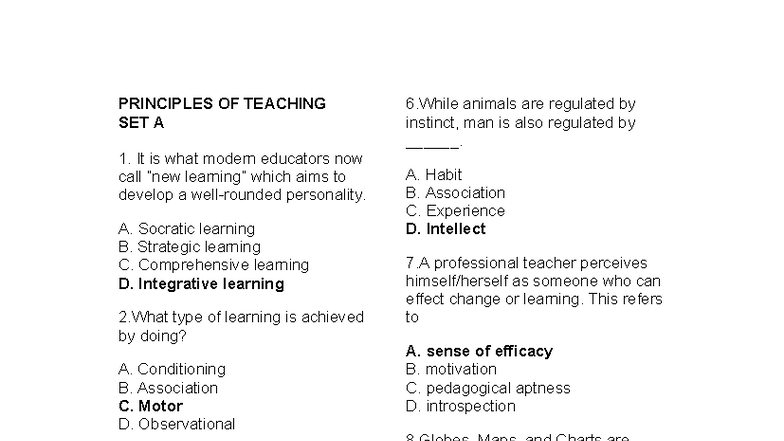 SET A Principles of Teaching: Key Concepts and Strategies - Studocu