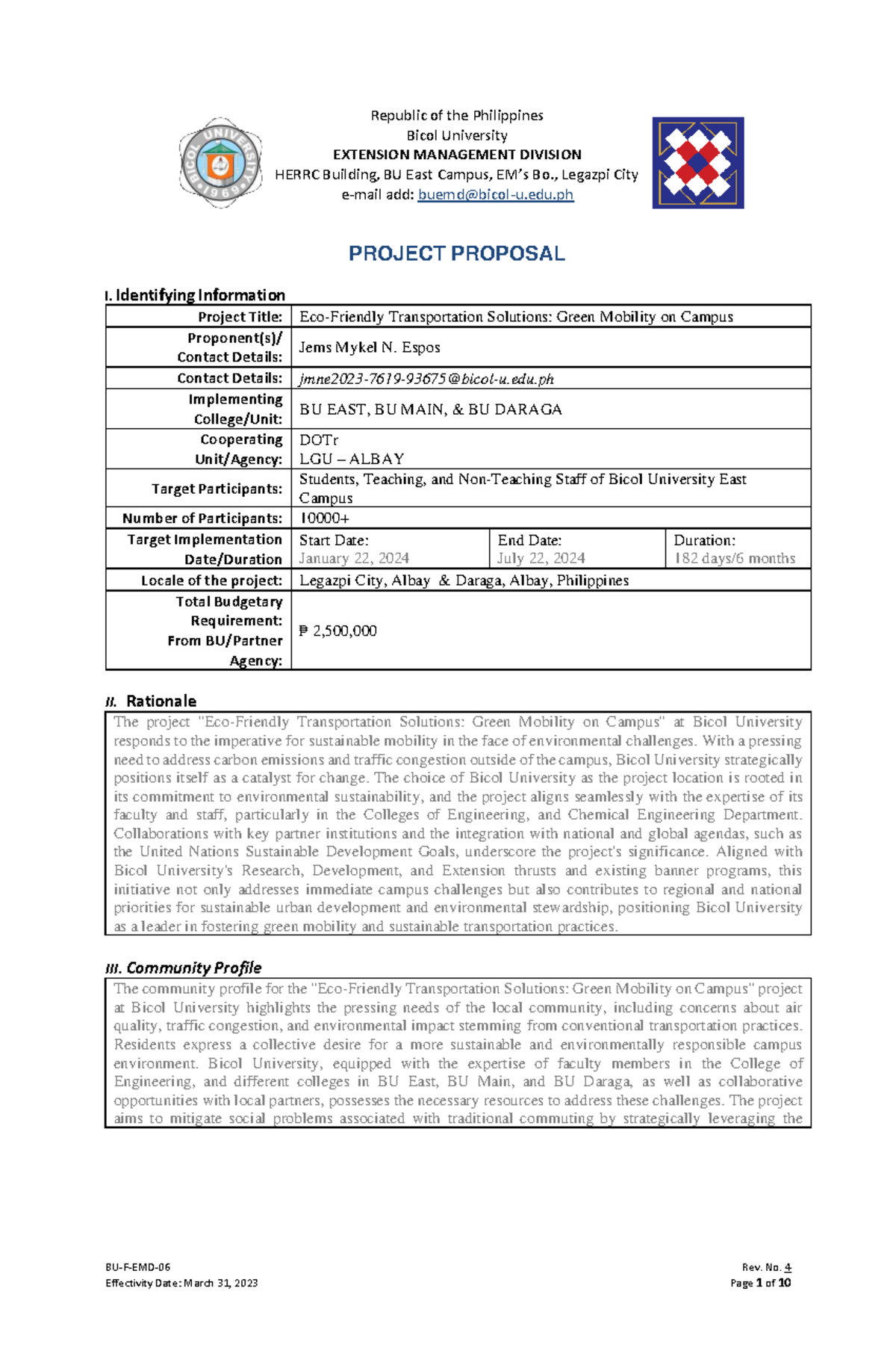 Project Proposal: Transportation Solutions for Green Mobility at Bicol ...