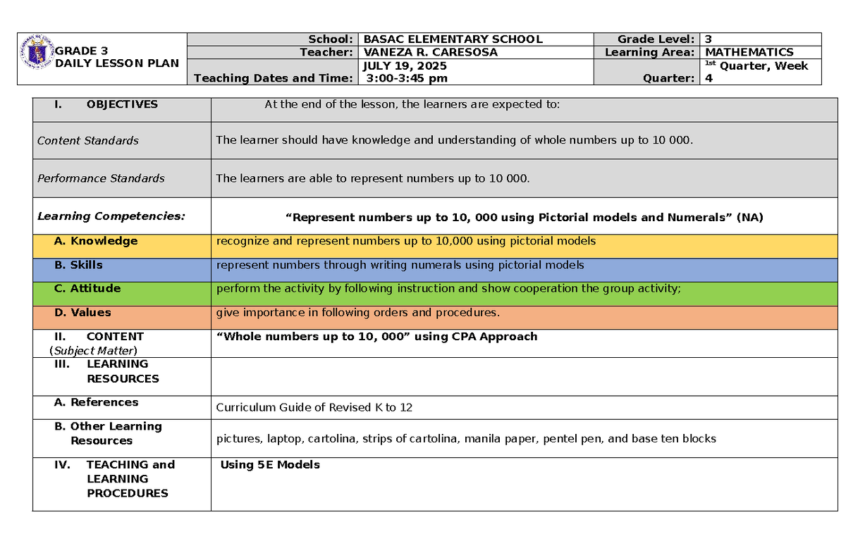 Grade 3-Mathematics Lesson Exemplar: Understanding Numbers Up to 10 ...