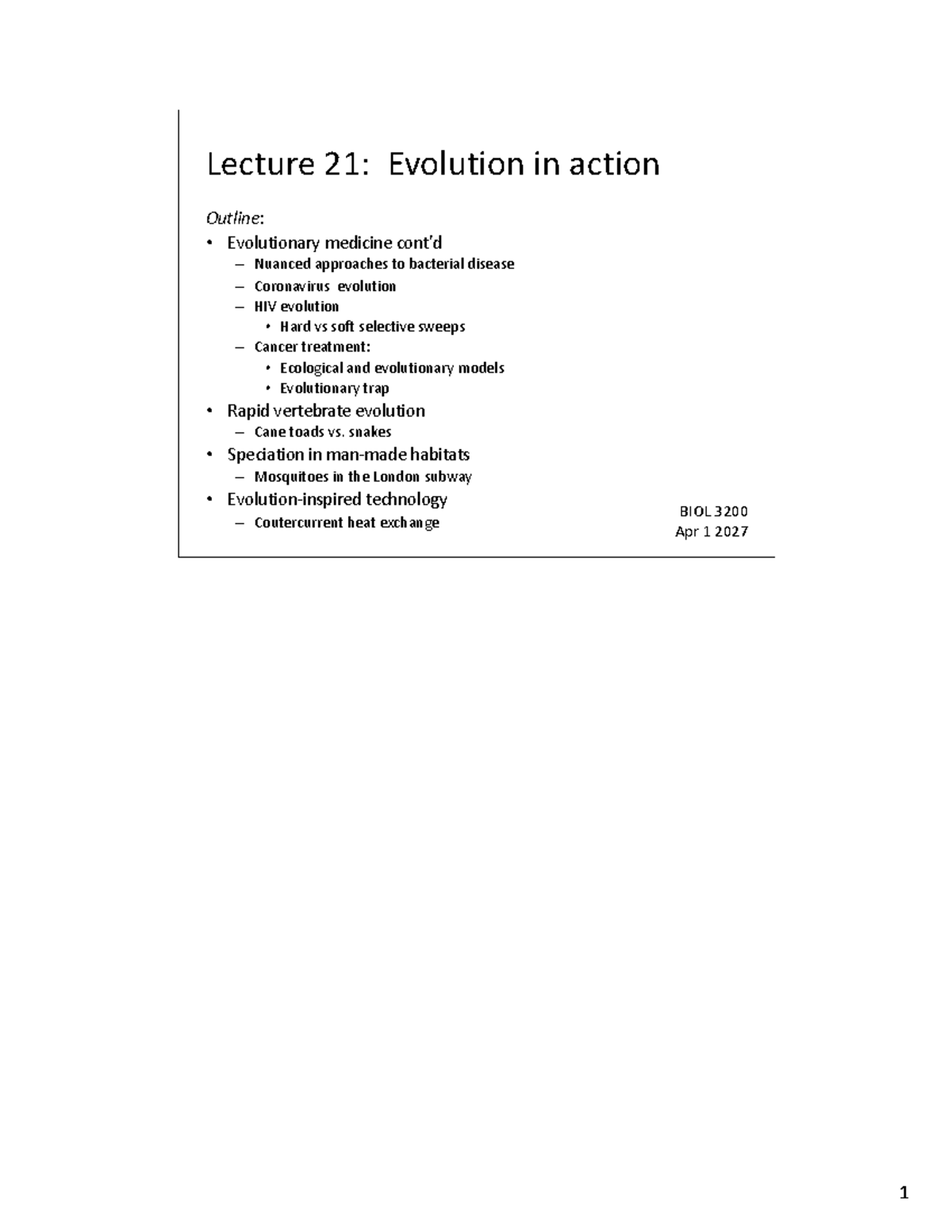 BIOL 3200 Lecture 21: Evolution in Action - Studocu