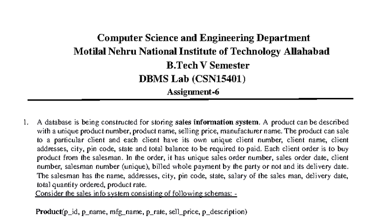 DBMS Lab Assignment 6 (CSN15401) - Sales Info System SQL Queries - Studocu