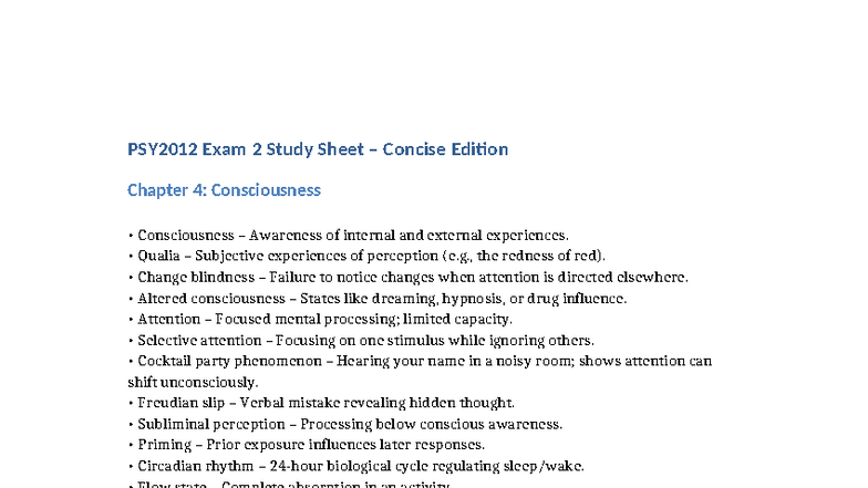 PSY2012 Exam 2 Study Guide: Consciousness, Sensation, and Learning - Studocu