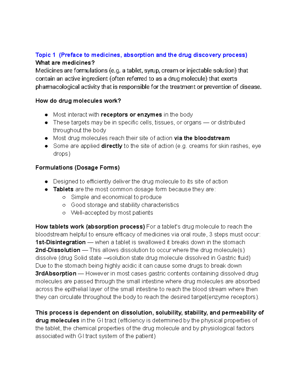 Notes on How Medicines Work: Absorption & Drug Discovery (MED101) - Studocu