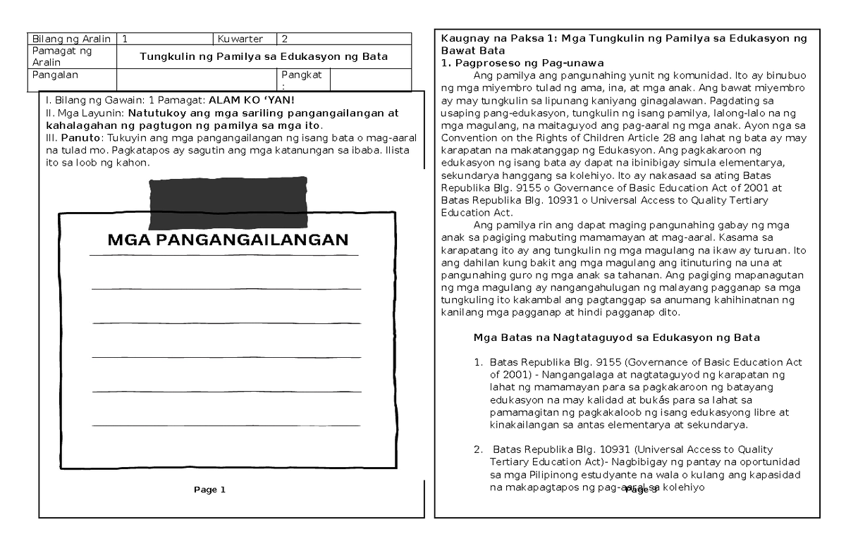 Kuwarter 2: Tungkulin ng Pamilya sa Edukasyon ng Bata - Worksheet - Studocu