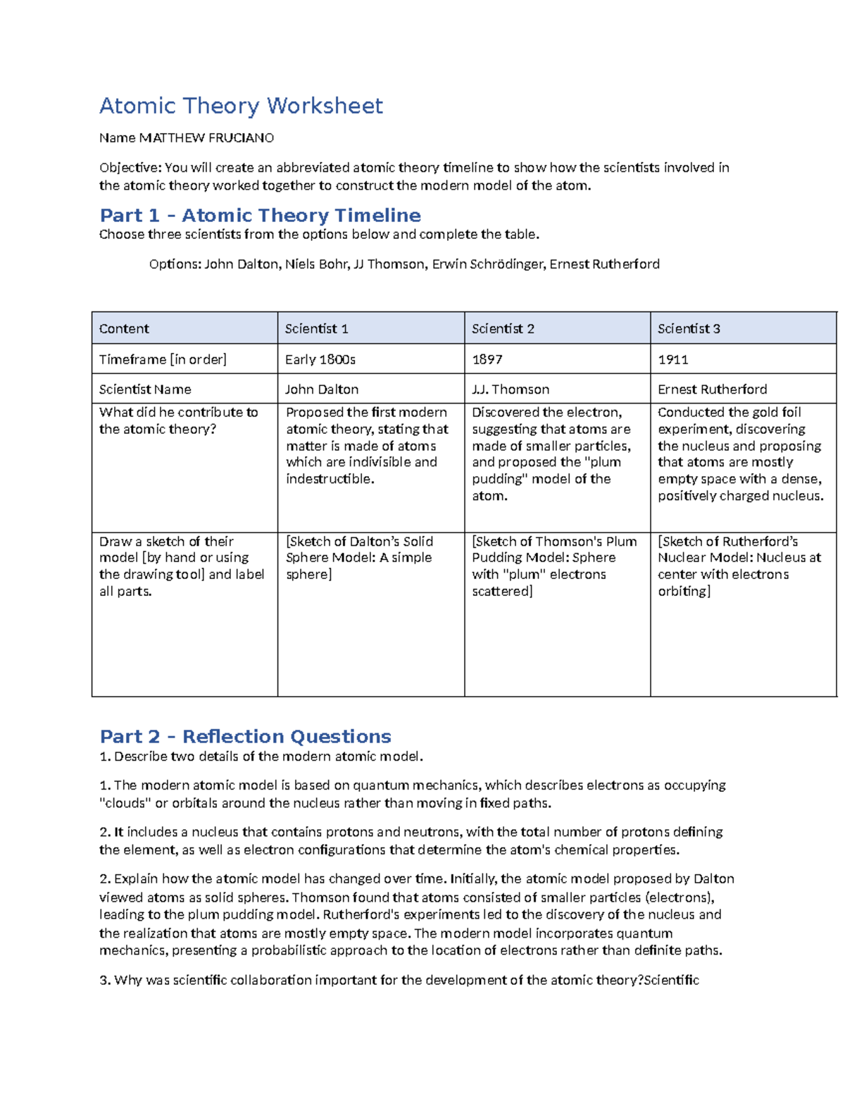 Worksheet atomic theory - Atomic Theory Worksheet Name MATTHEW FRUCIANO ...