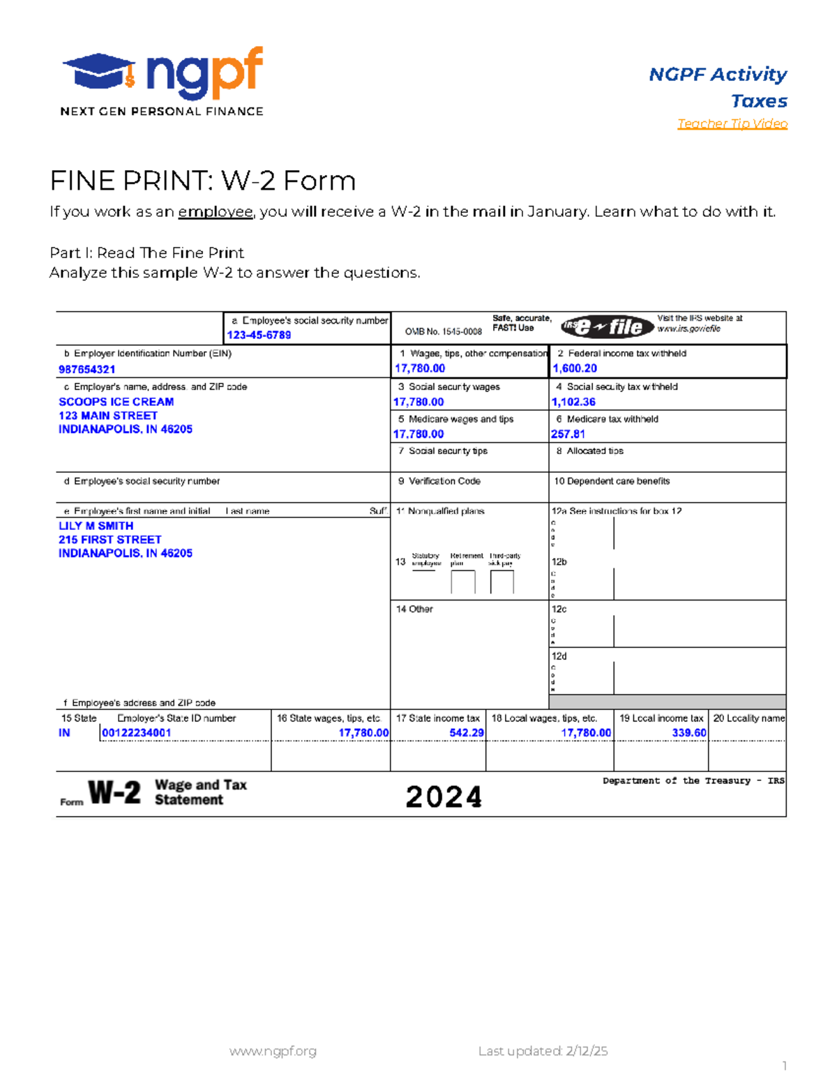NGPF Activity: Understanding W-2 Forms and Taxes - FINE PRINT - Studocu