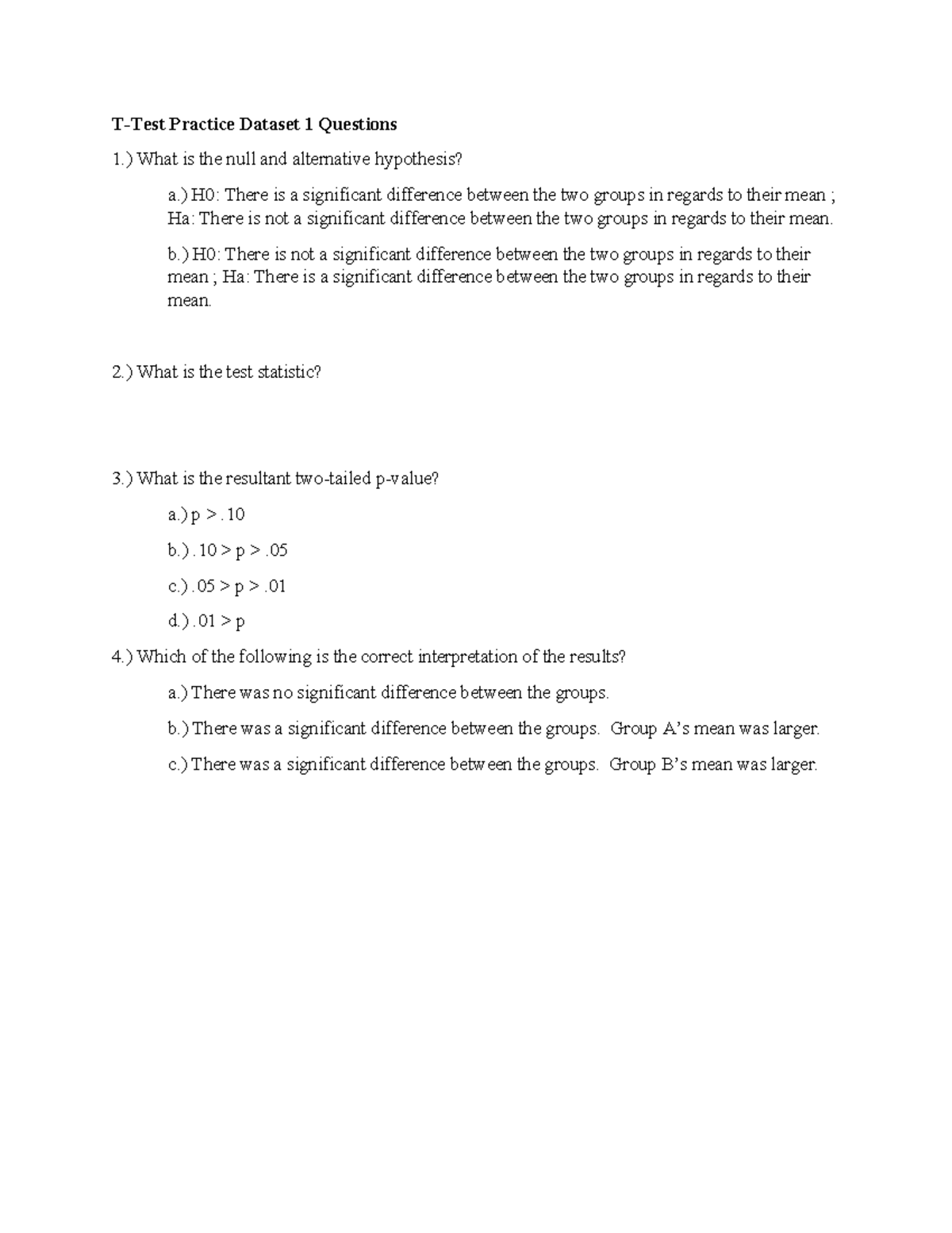 Two Sample T-Test Questions: Practice Dataset 1 & 2 - Studocu
