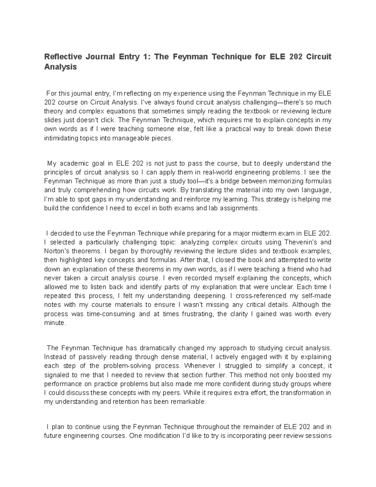 Reflective Journal Entry 1: Feynman Technique Insights for ELE 202 ...
