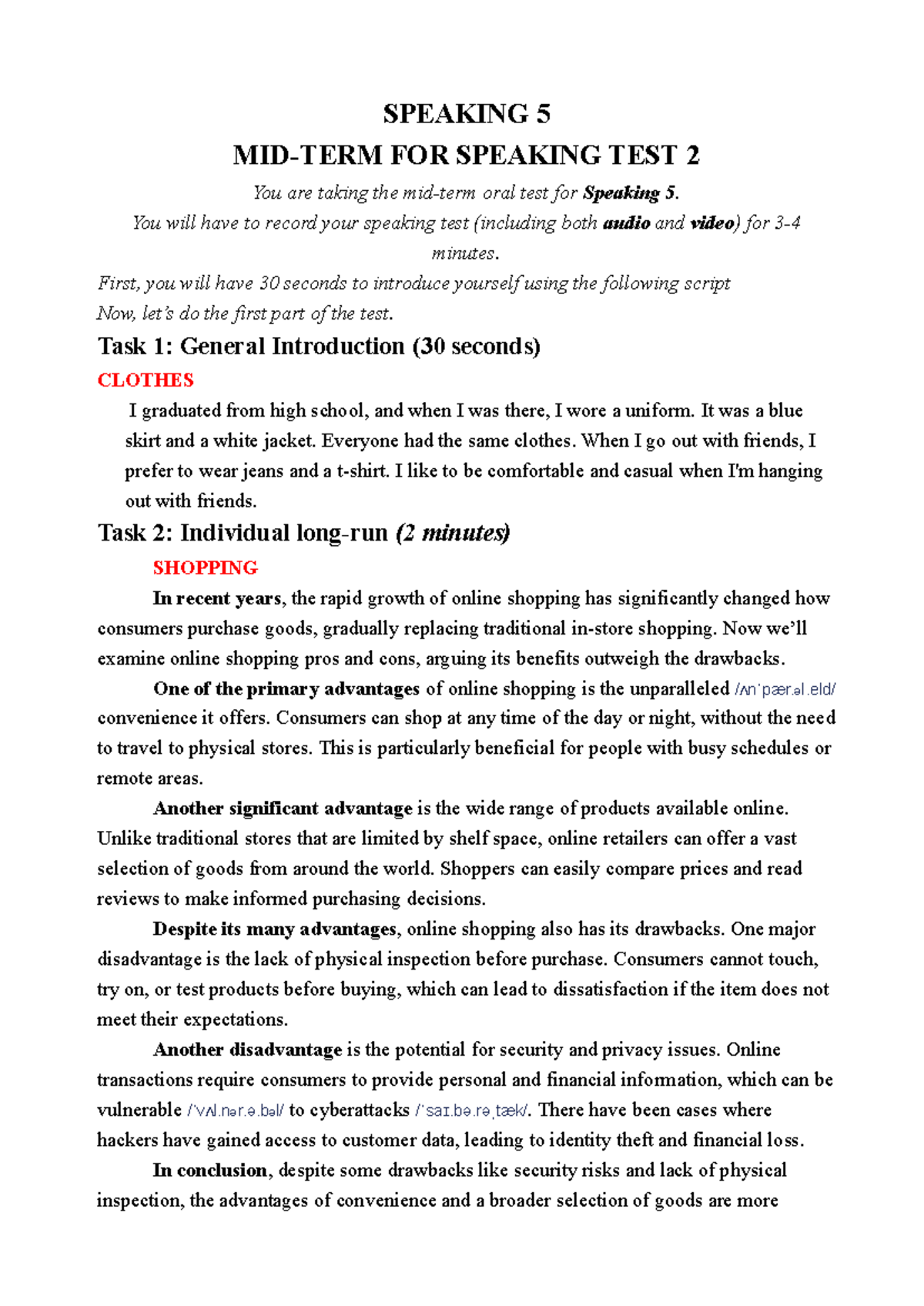 SPEAKING 5 - Midterm Test 2: Oral Exam Preparation Guide - Studocu