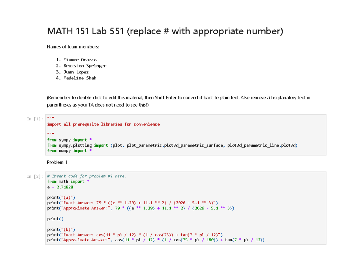 Lab 1 - Math 151 Python Lab - MATH 151 Lab 551 (replace # with ...