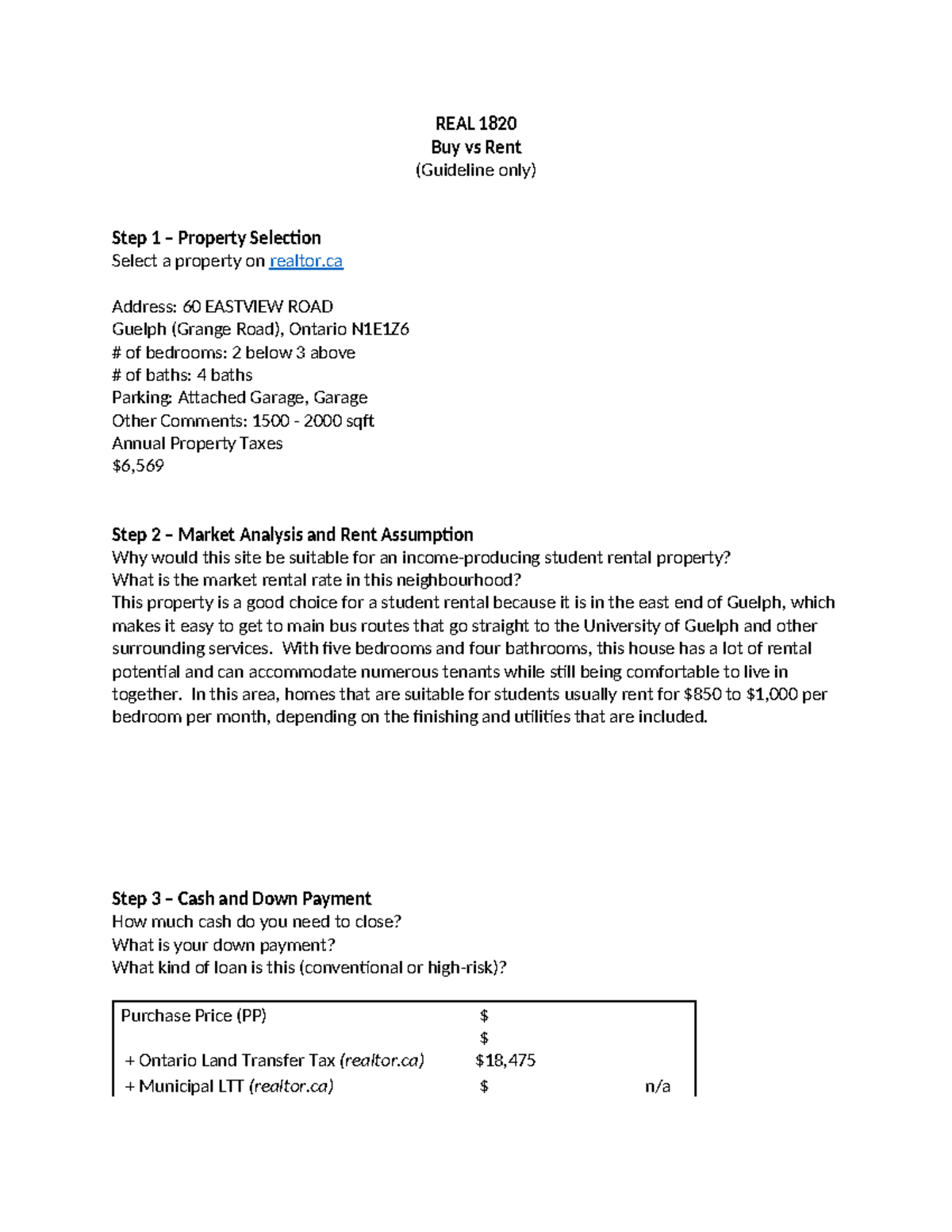 REAL 1820 Buy vs Rent Analysis: Student Rental Property Guide - Studocu