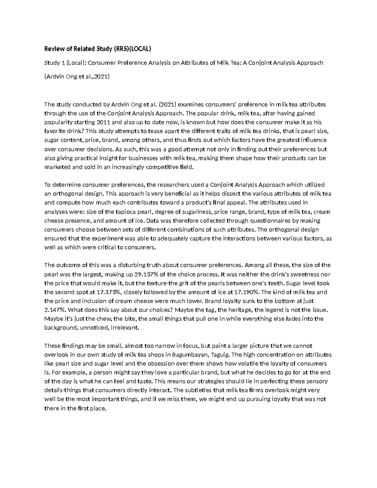 RRS Local 1 - Consumer Preference Analysis of Milk Tea Attributes - Studocu