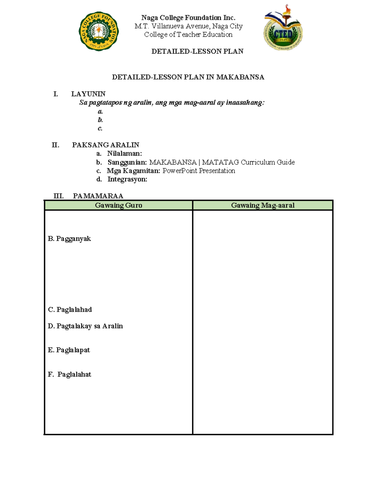 Detailed Lesson Plan-Tagalog Template - Bachelor of Elementary ...