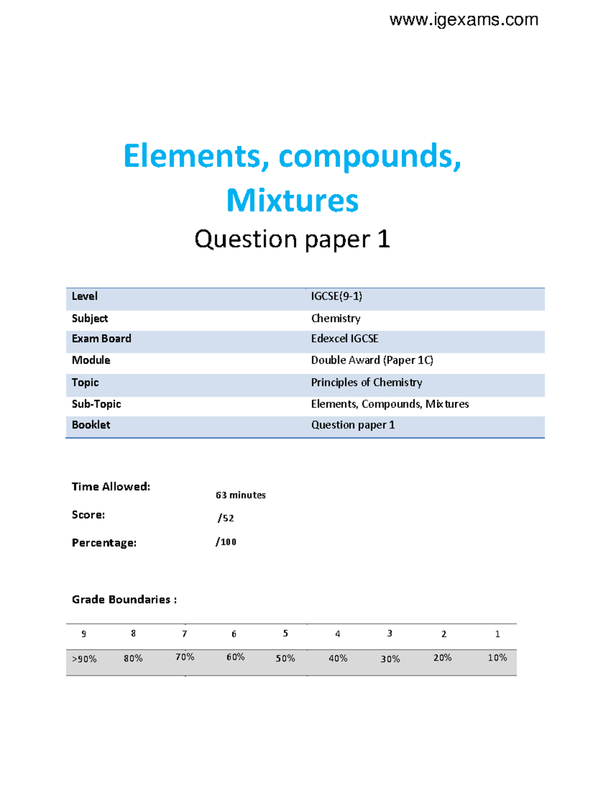 2.1 Elements, Compounds, Mixtures (1C) Question Paper Part 1 - Studocu