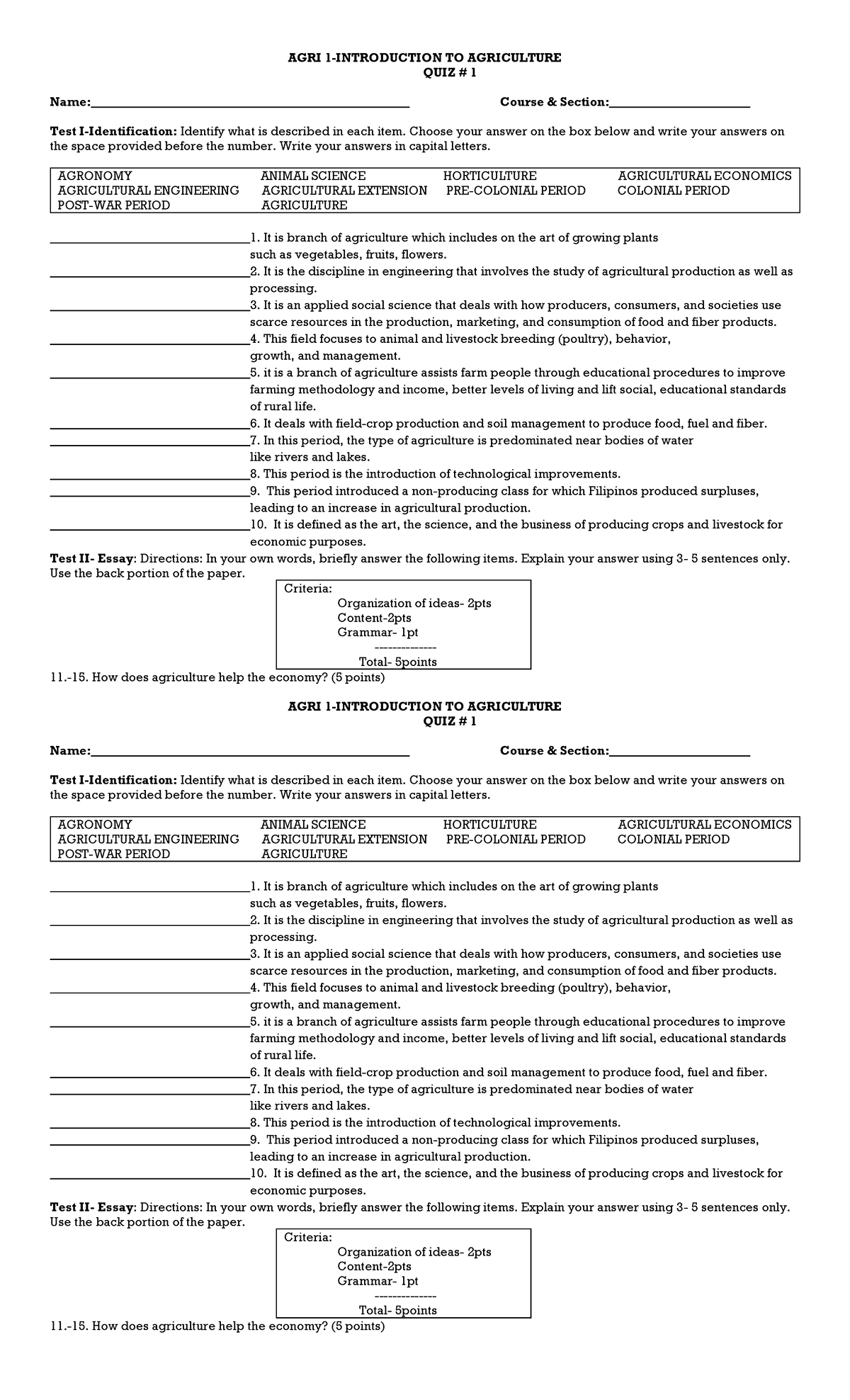 AGRI 1 Quiz 1: Introduction to Agriculture Identification & Essay - Studocu