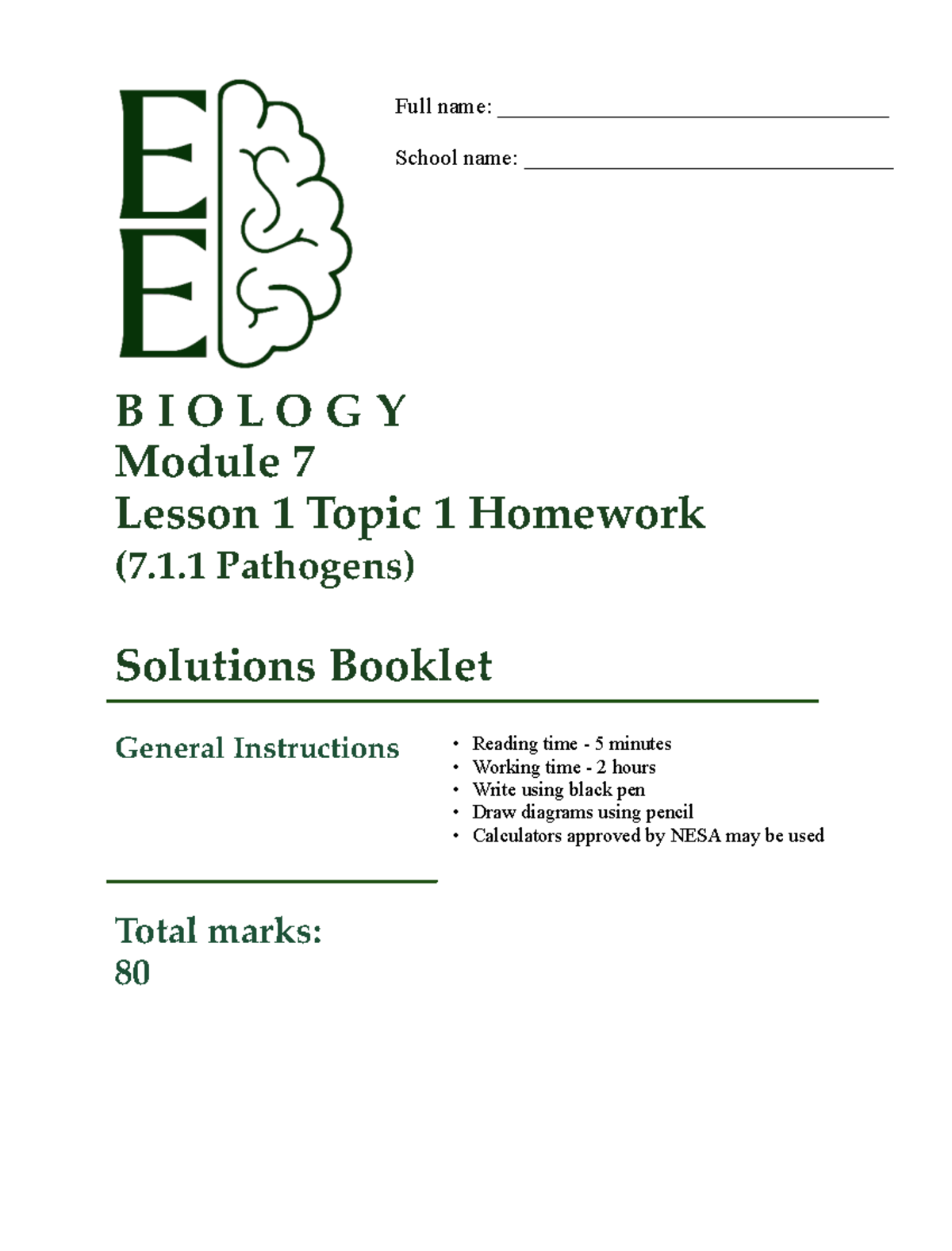 BIOLOGY Module 7 Lesson 1 Homework (7.1.1) Pathogens Solutions Guide ...