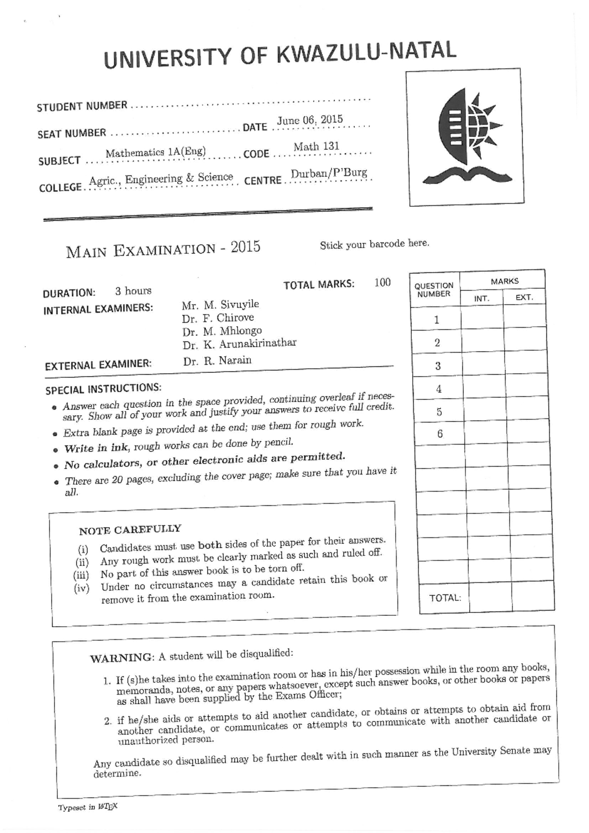 Mathematics 1A (Math 131) Final Exam Paper - June 2015 - Studocu