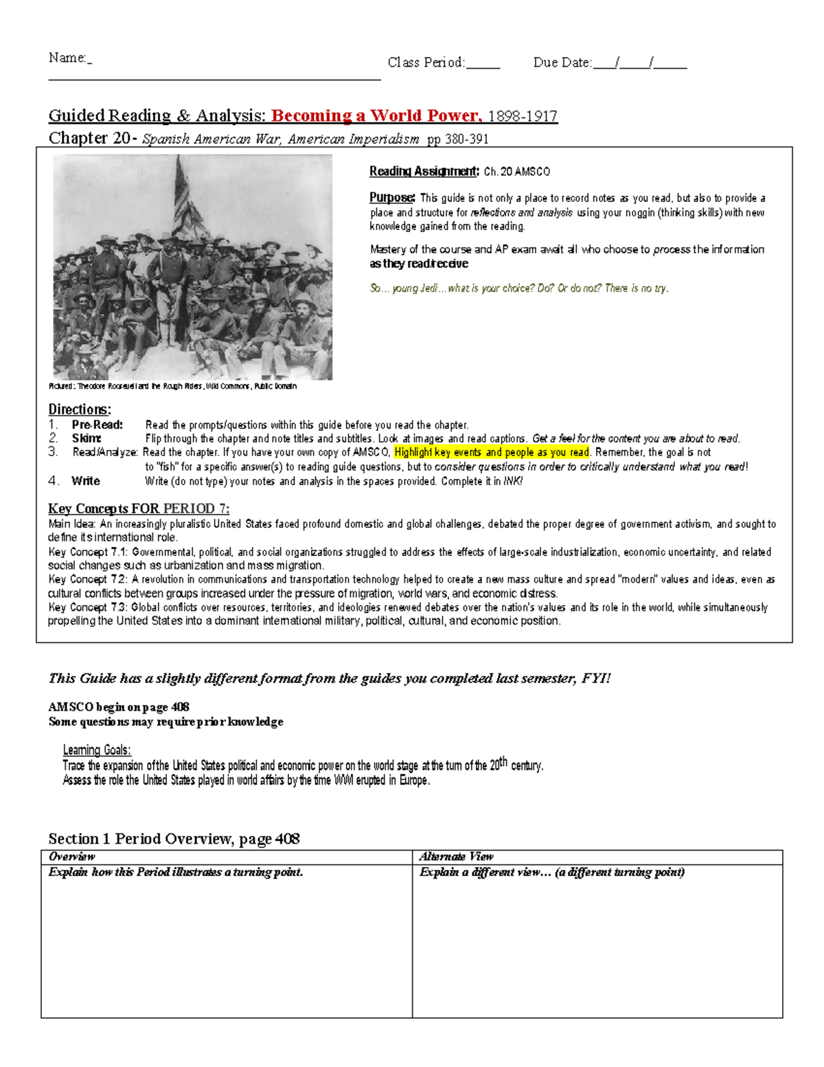 Amsco Chapter 20 Guided Reading: U.S. Imperialism & Spanish-American ...
