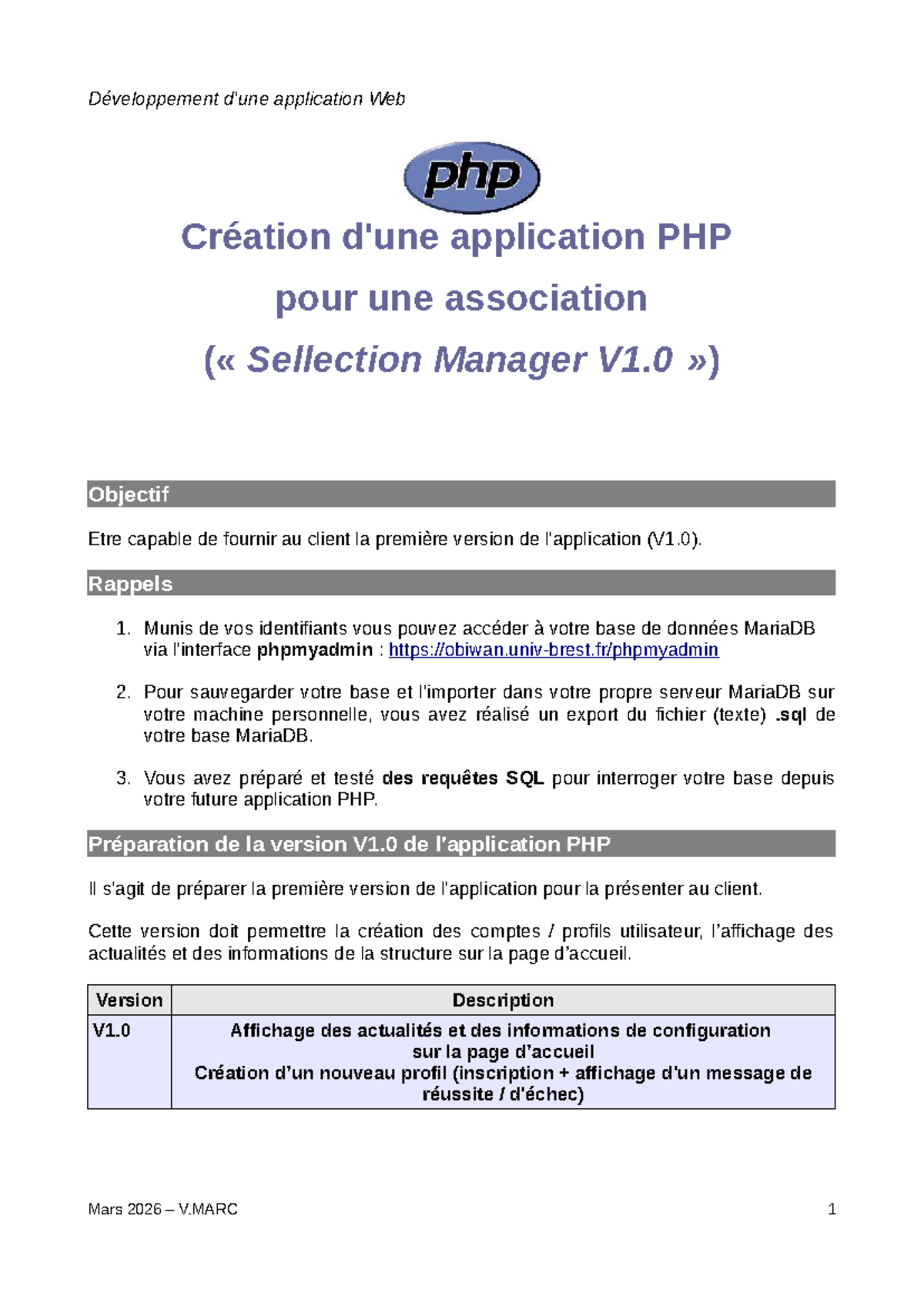 Développement d'une Application Web PHP pour Association - V1.0 - Studocu