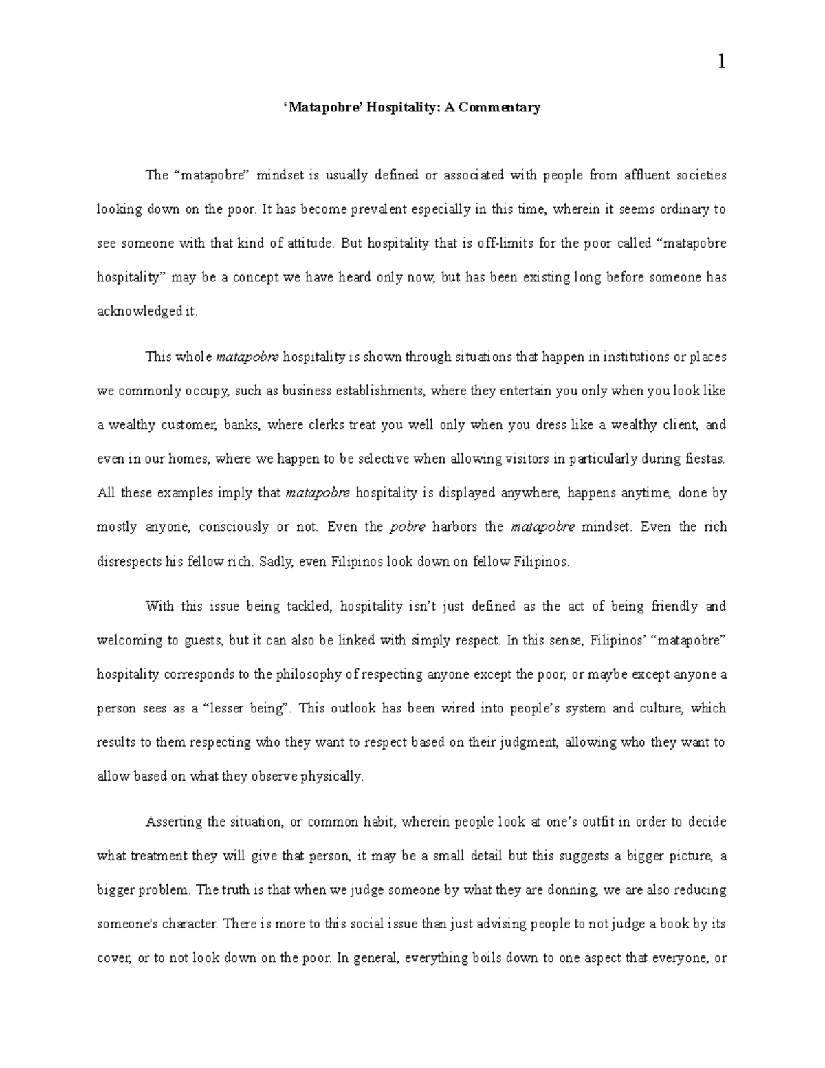 'Matapobre' Hospitality - A Commentary - ‘Matapobre’ Hospitality: A ...