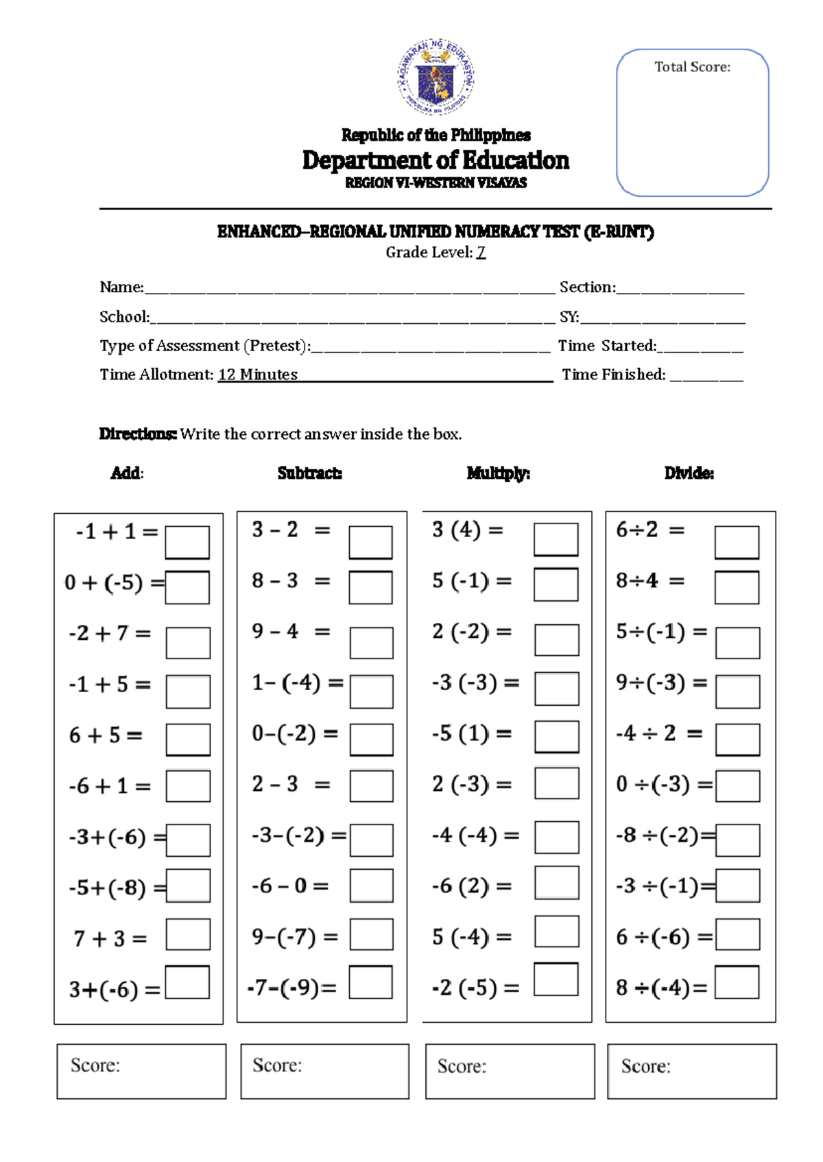 Erunt Pretest Grade 7 - Example of E-RUNT Prestest - Republic of the ...