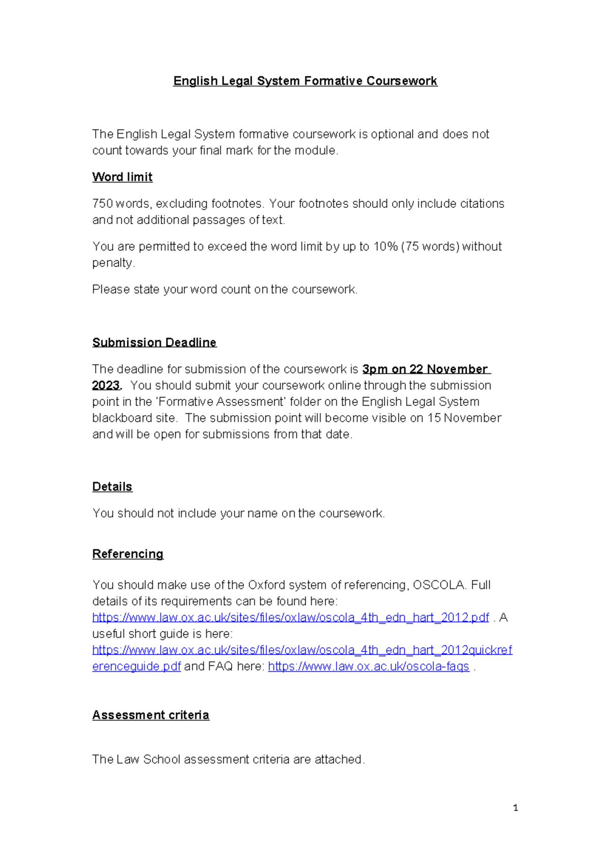 English Legal System Formative Coursework - Word limit 750 words ...