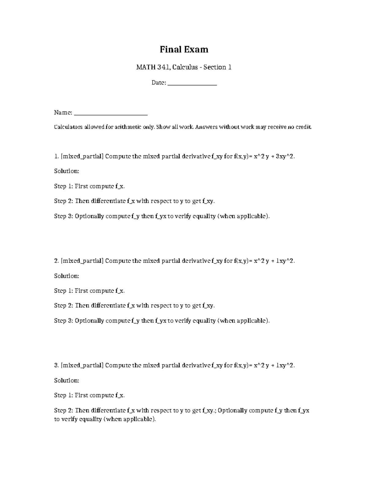 Final Exam Solutions for MATH 341: Mixed Partial Derivatives - Studocu
