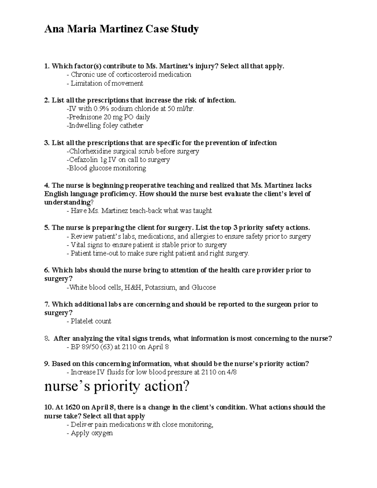 NUR 302 Ana Maria Martinez Case Study: Infection Risk & Safety Actions ...