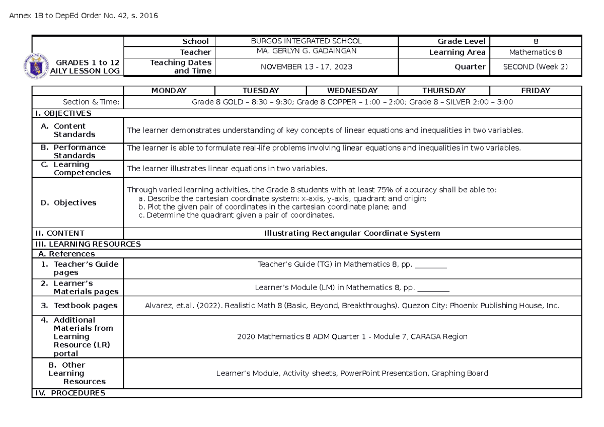 Mathematics 8 Lesson Log - GRADES 1 to 12 DAILY LESSON LOG School ...