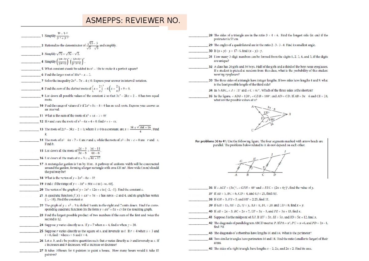 ASMEPPS: REVIEWER NO. 1 on Triangle & Quadrilateral Problems - Studocu