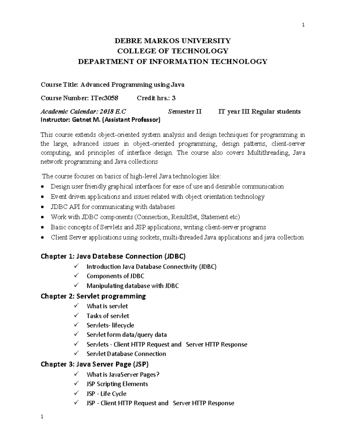 ITec3058 Advanced Programming Course Outline: Java & JDBC - Studocu