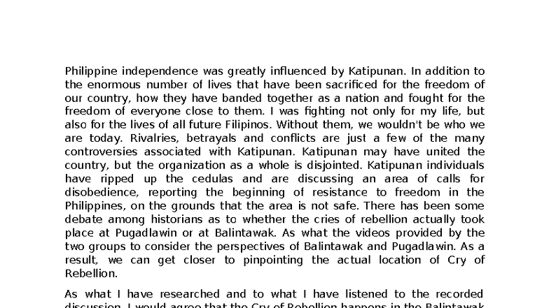 Reflection Paper: Analyzing the Cry of Rebellion in PH History - Studocu