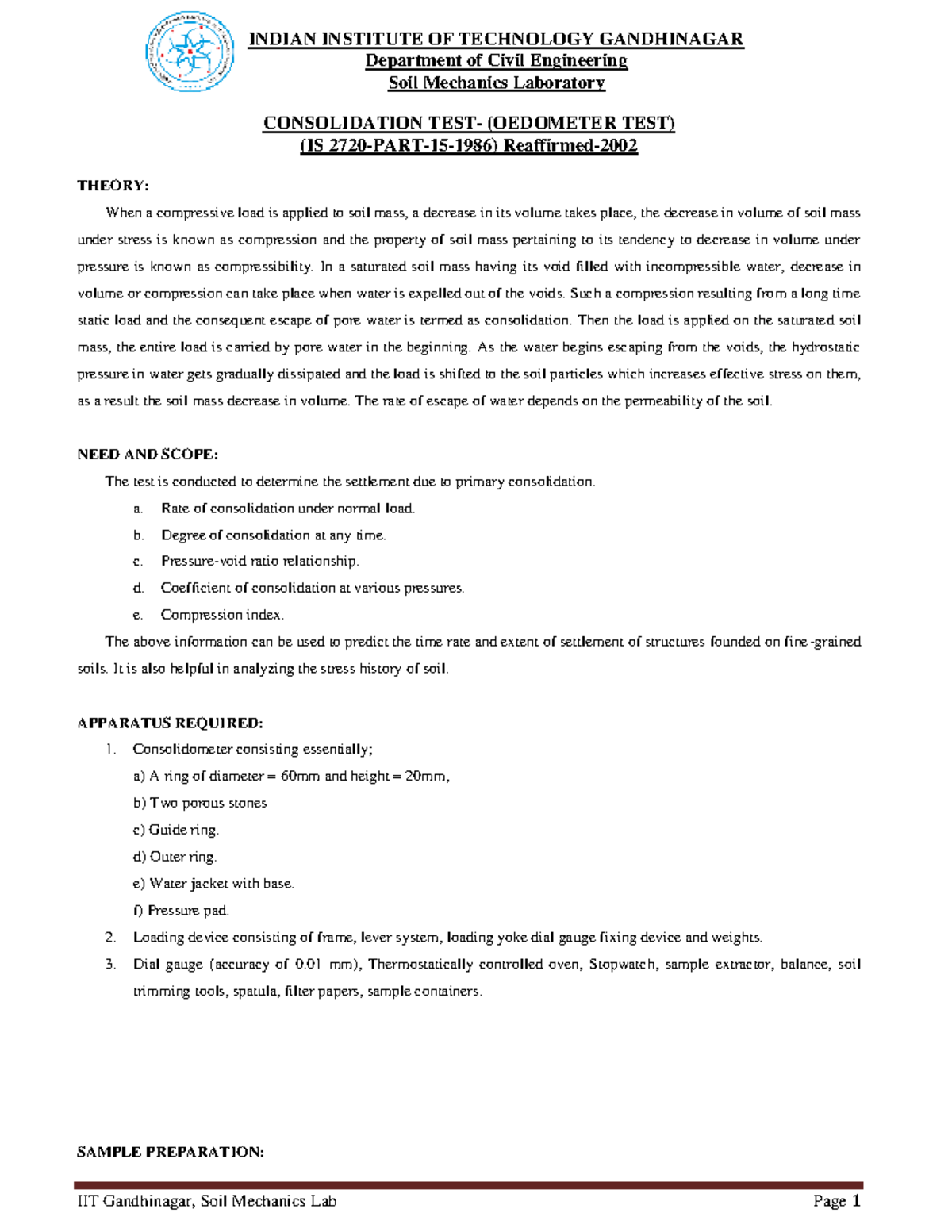 Consolidation Test (Oedometer Test) Lab Manual - Civil Engg. CE2023 ...