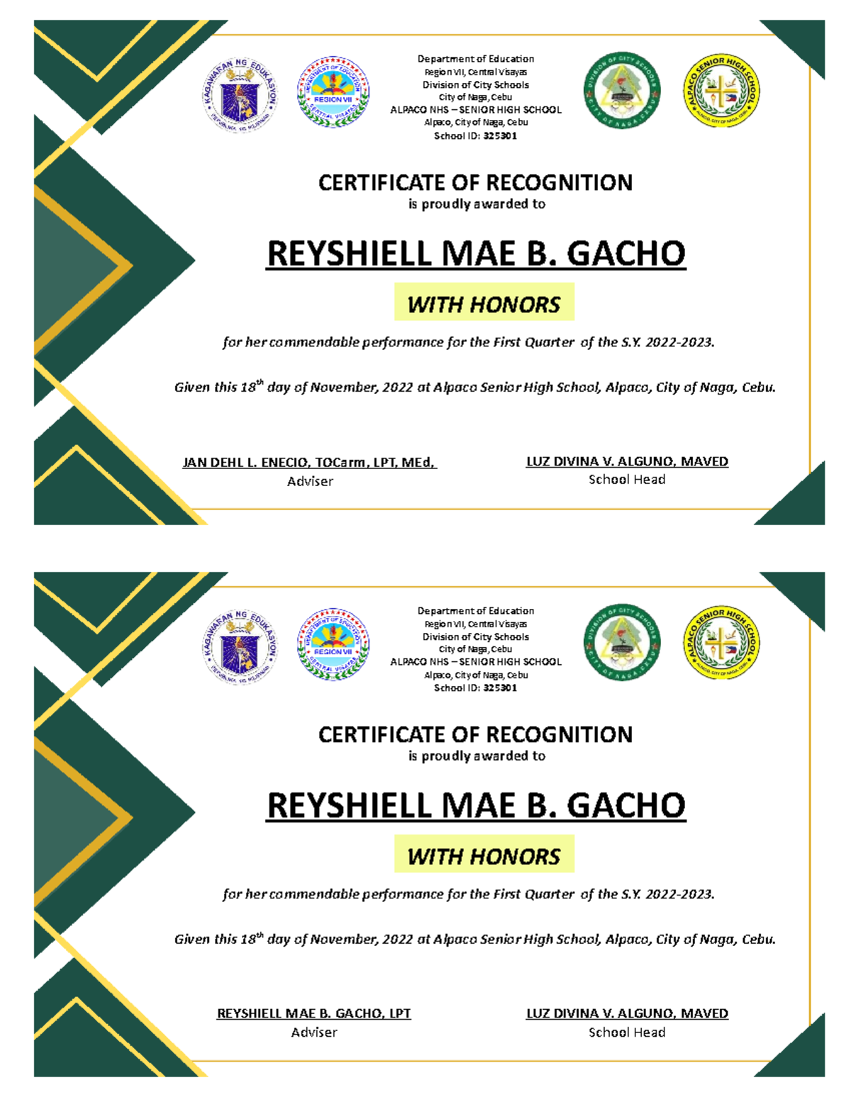 Honor-CErt - Sample Certificate of Recognition with Honors - Studocu