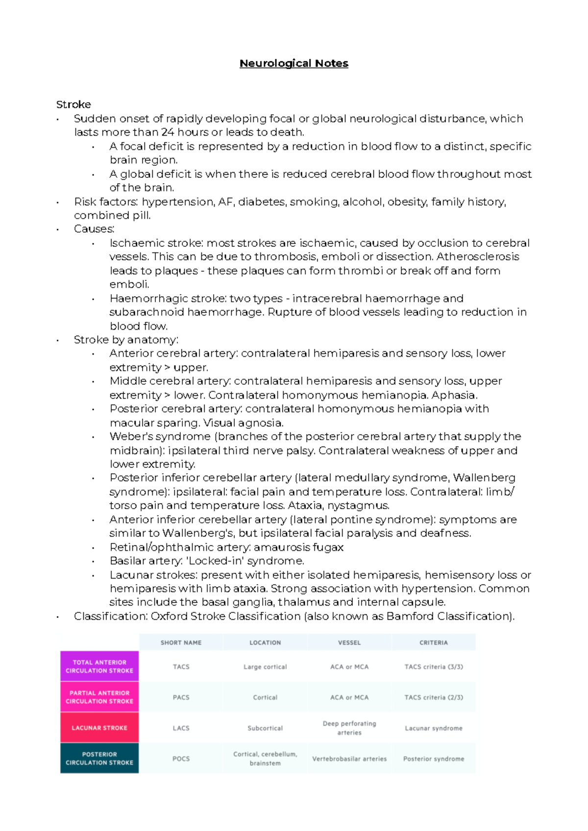 Neurological Notes - Neurological Notes Stroke Sudden onset of rapidly ...