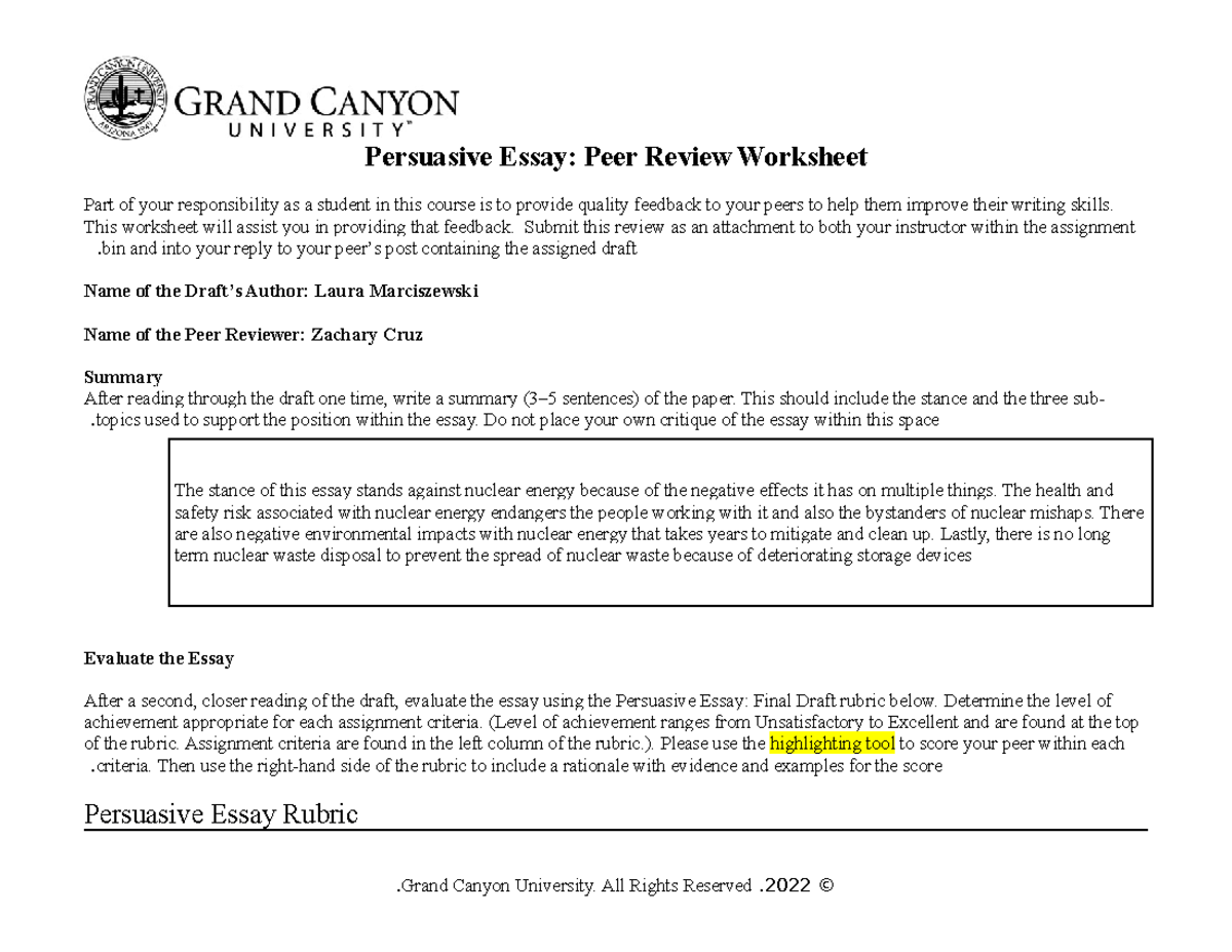 Final PHI-105 T-6 Persuasive Essay Peer Review Worksheet - Persuasive ...