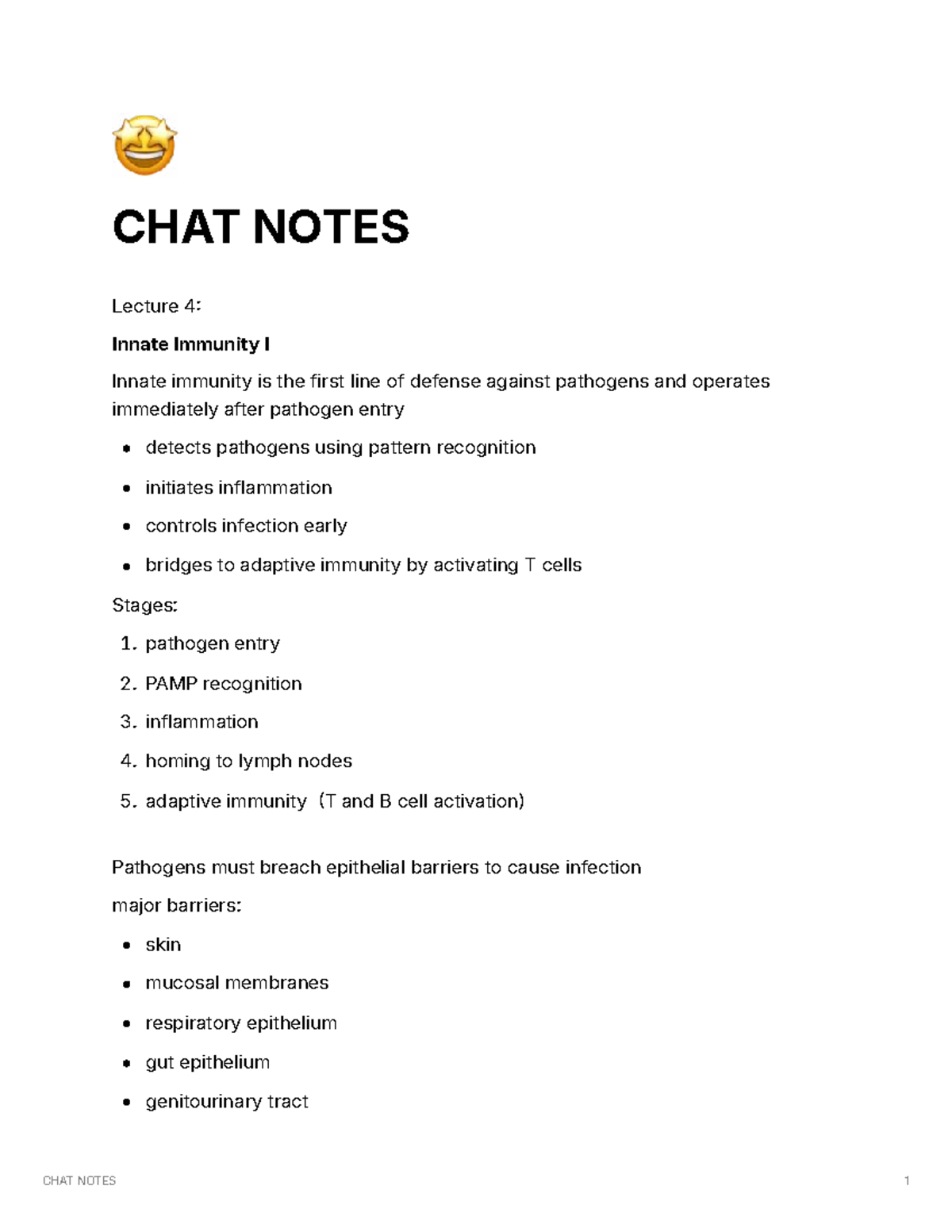 CHAT NOTES Lecture 4: Innate Immunity I Overview and Key Concepts - Studocu
