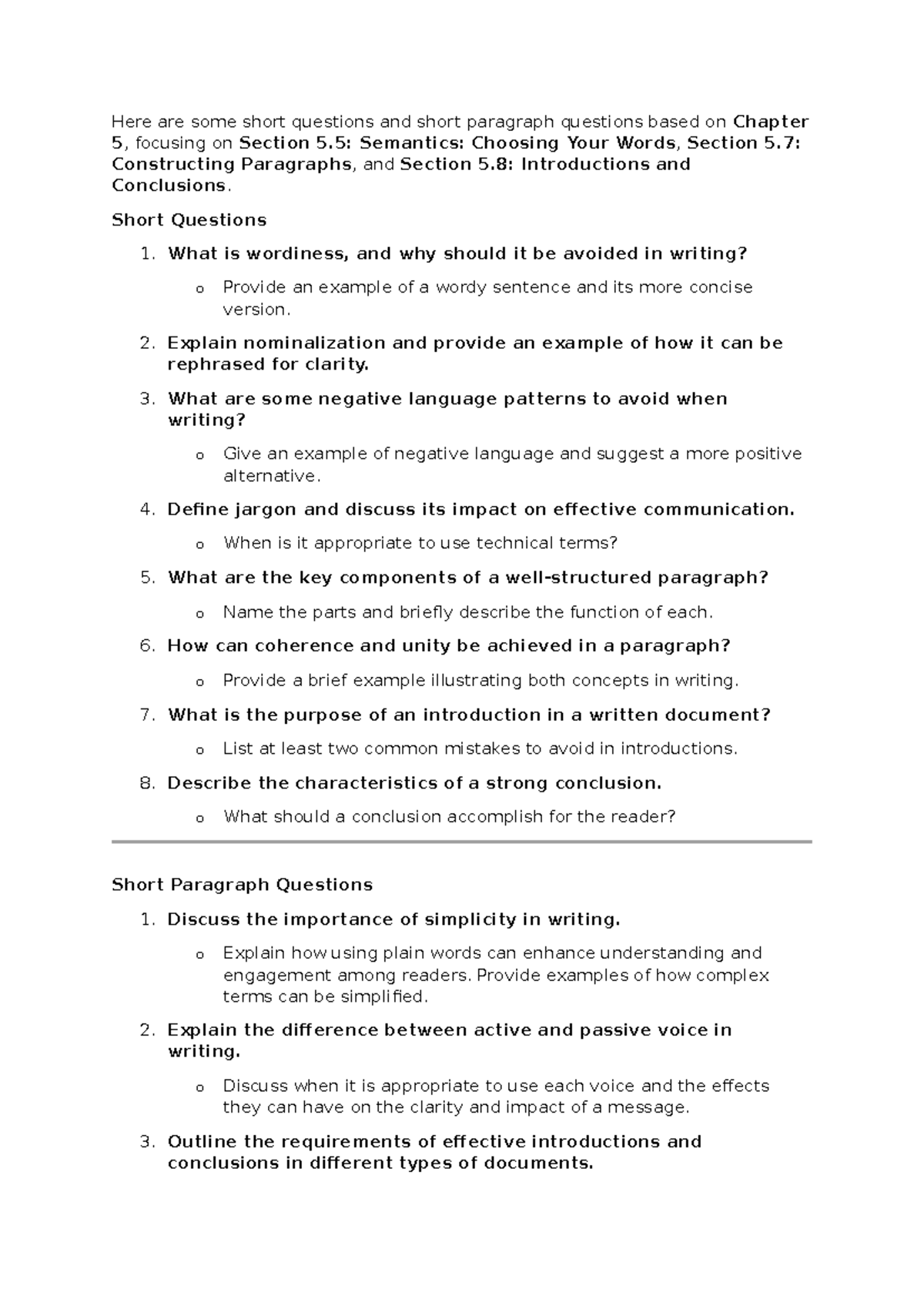 Here are some short questions and short paragraph questions based on Chapter 5 - Short Questions ...
