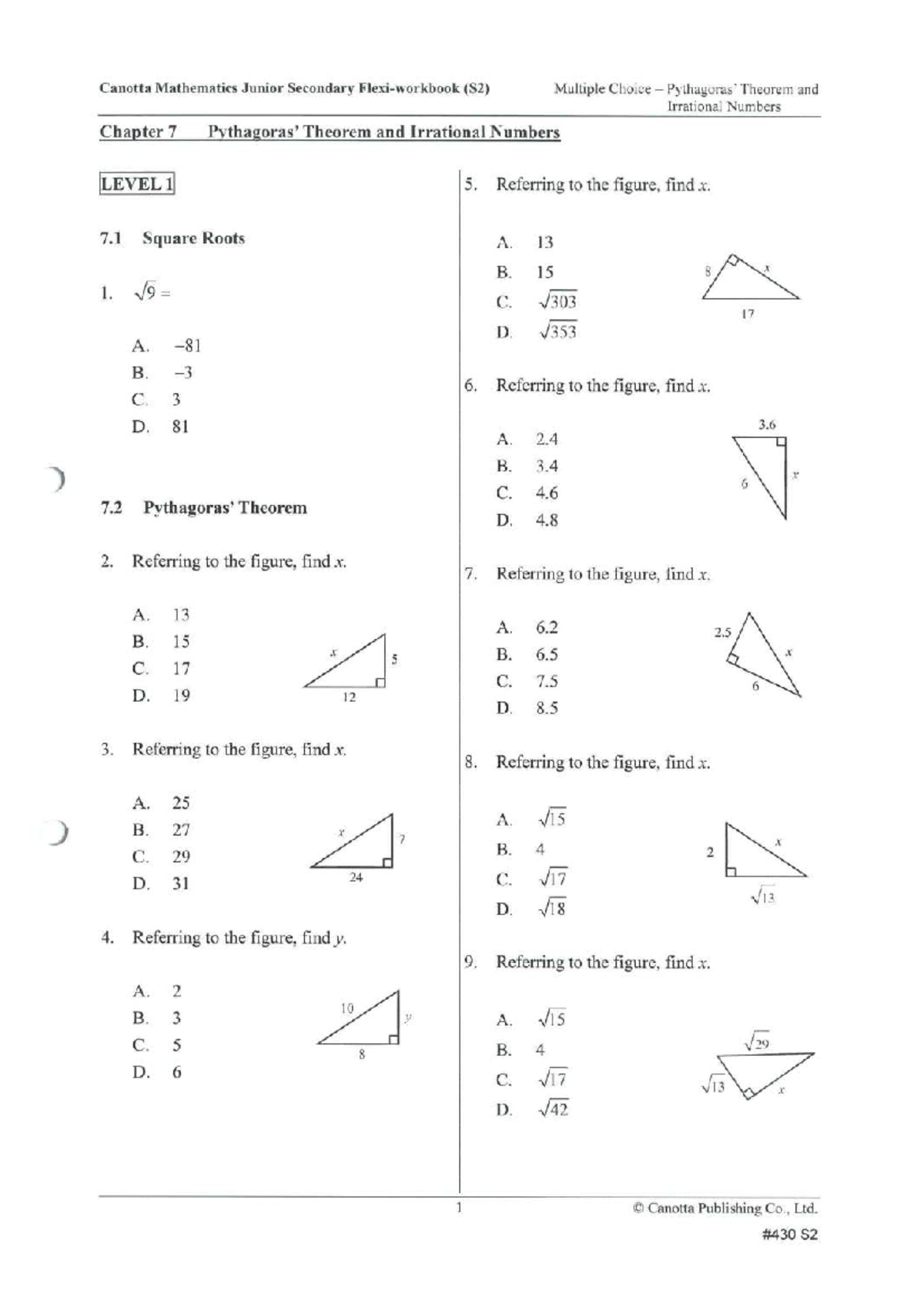 Canotta Mathematics Junior Secondary (S2) Multiple Choice: Pythagoras ...