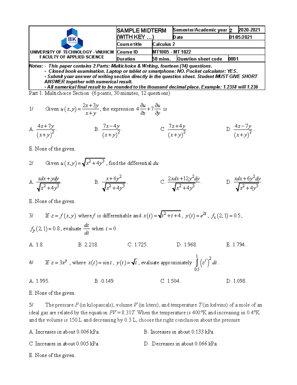 Calculus 2 MT1005 Midterm Sample with Key - University of Technology - Studocu