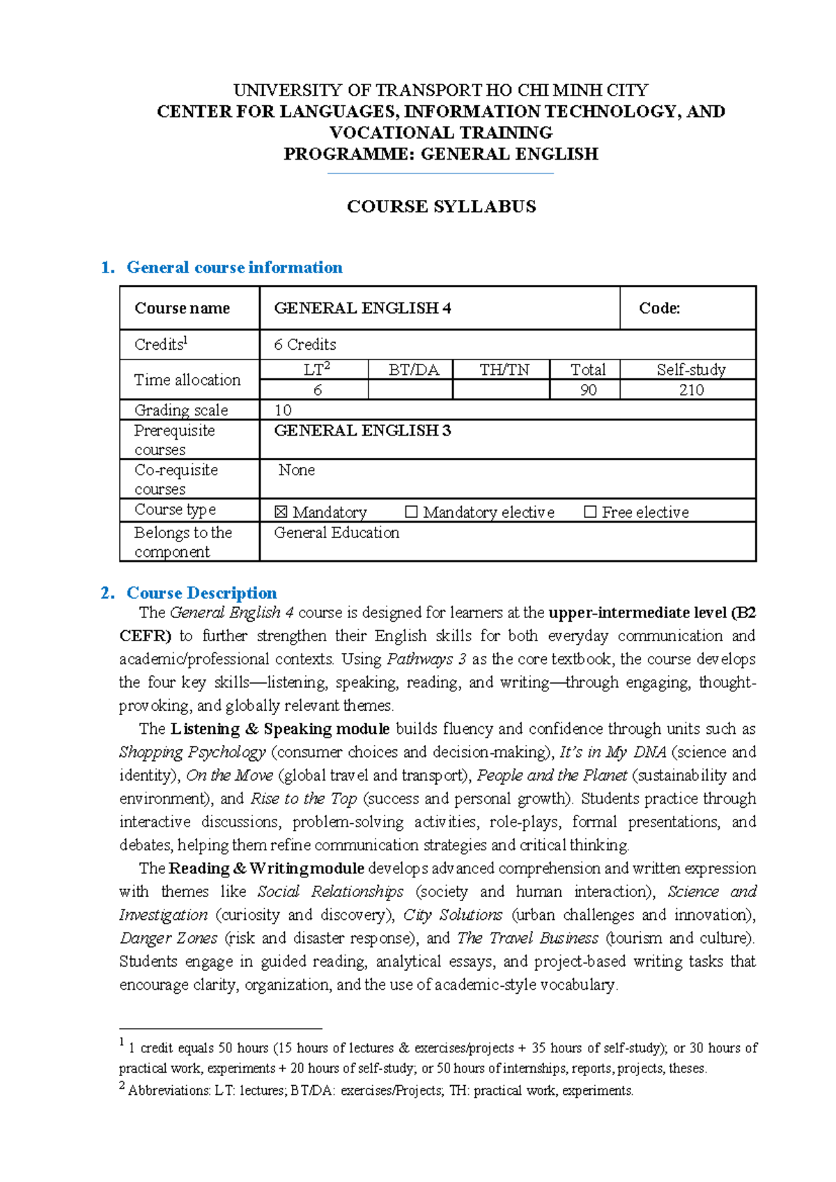 Course Syllabus: General English 4 (3IC1E) - Overview and Objectives ...