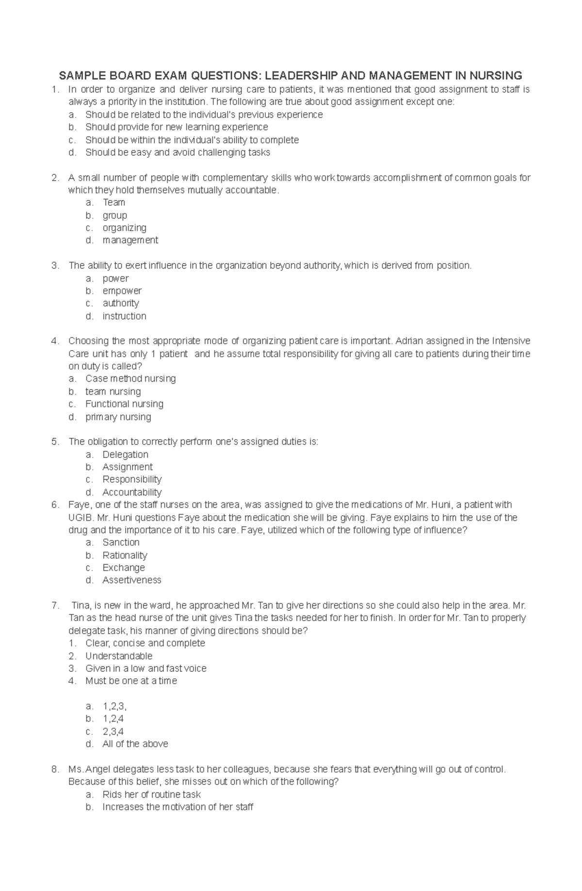Leadership and Management - SAMPLE BOARD EXAM QUESTIONS: LEADERSHIP AND ...