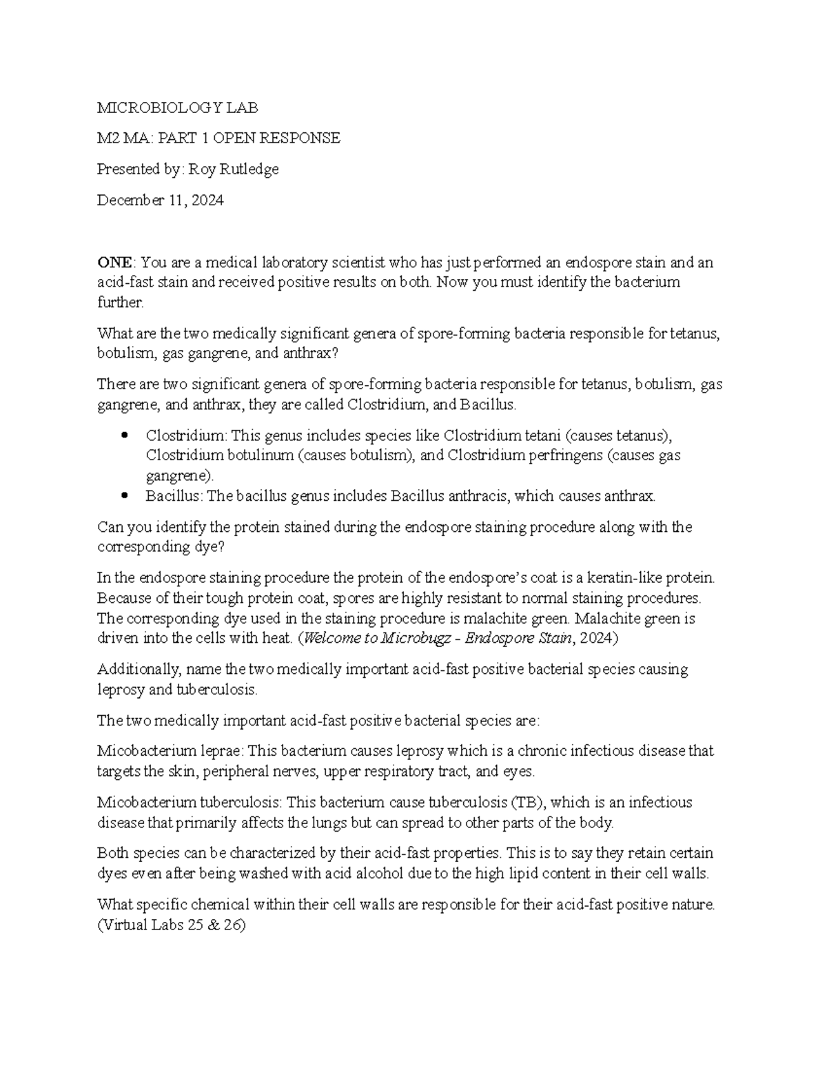 Microbiology LAB Assignment M4 Open Response - Spore Stains & Genetics ...