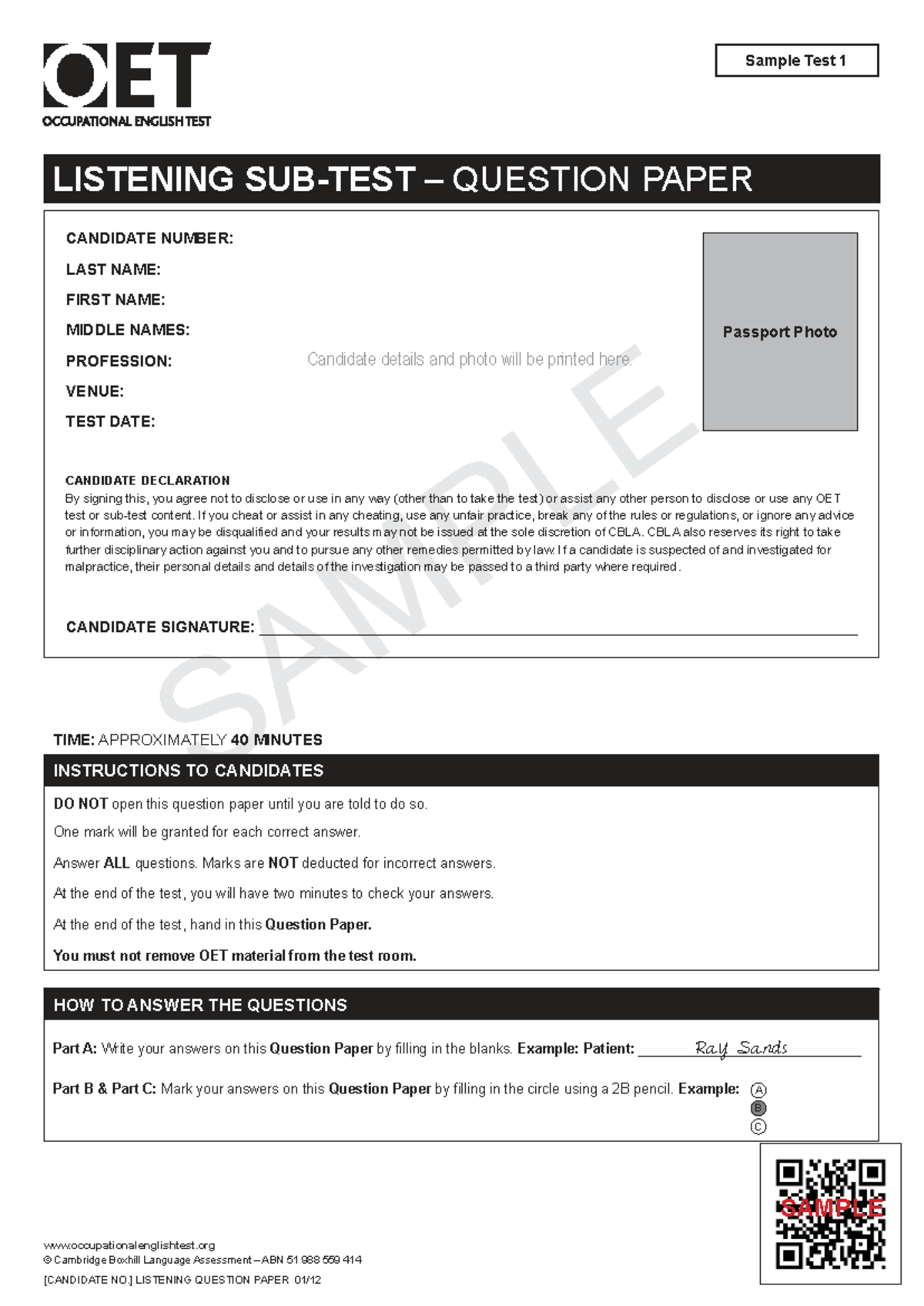 Listening Sample Test 1: OET Question Paper - Studocu